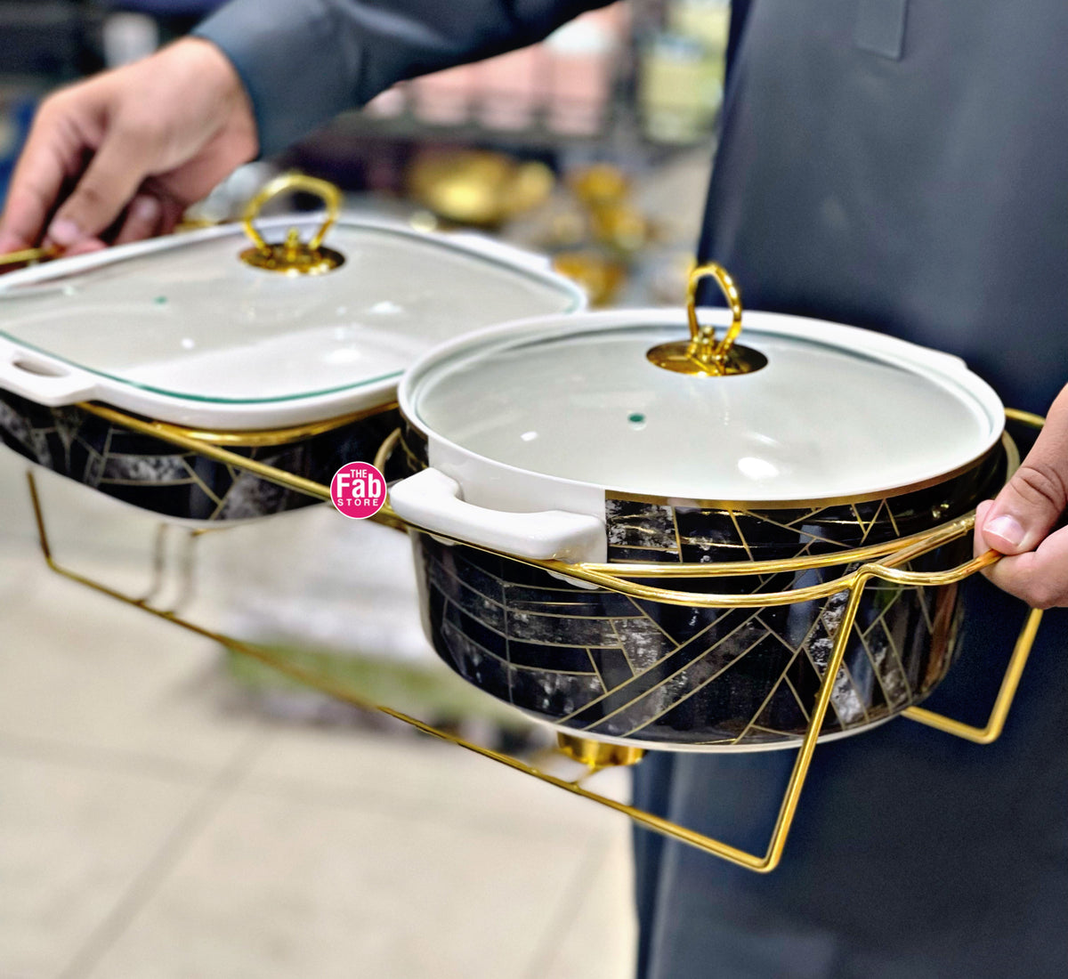 Double buffet dish with Gold plated burner stand – The Fab Store