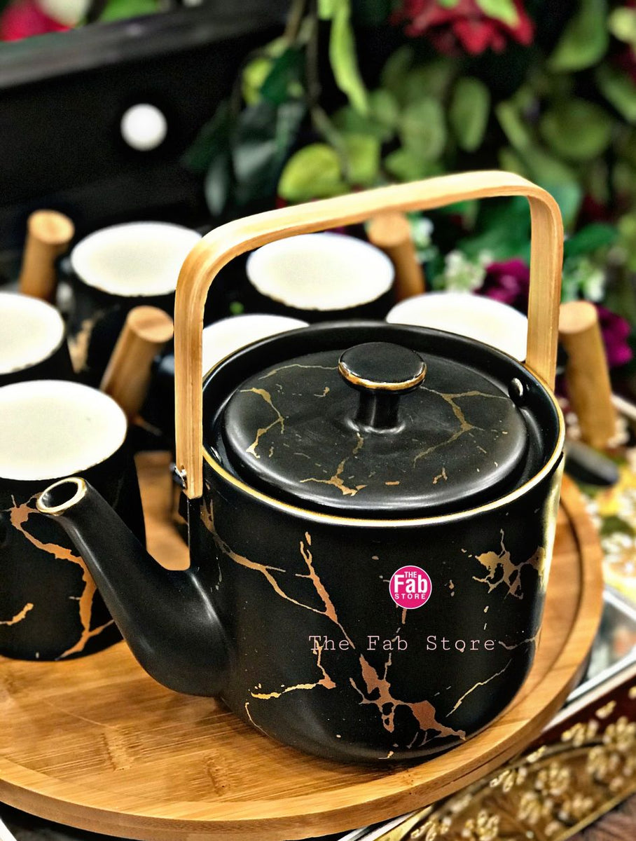 European style Marble tea set with wooden serving tray – The Fab Store