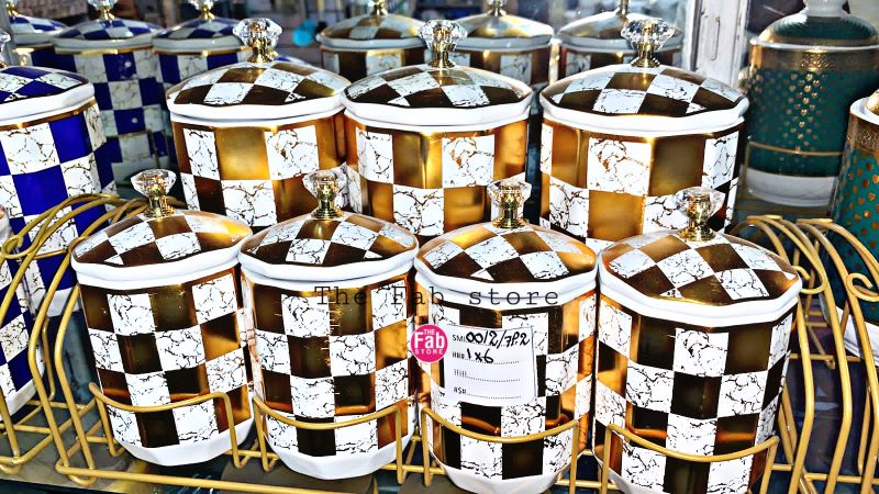 Gold and White checkered jar set – The Fab Store