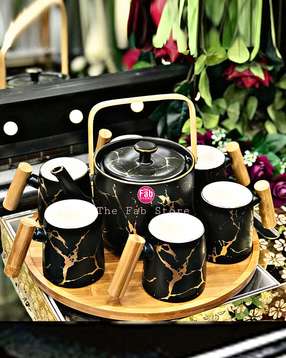 Black marble tea set with serving tray – The Fab Store