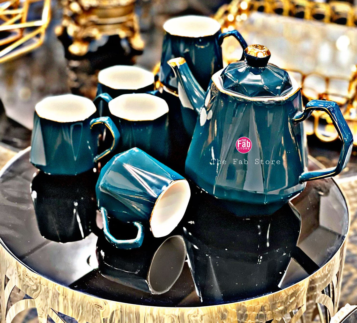 Teal geometrical tea set – The Fab Store
