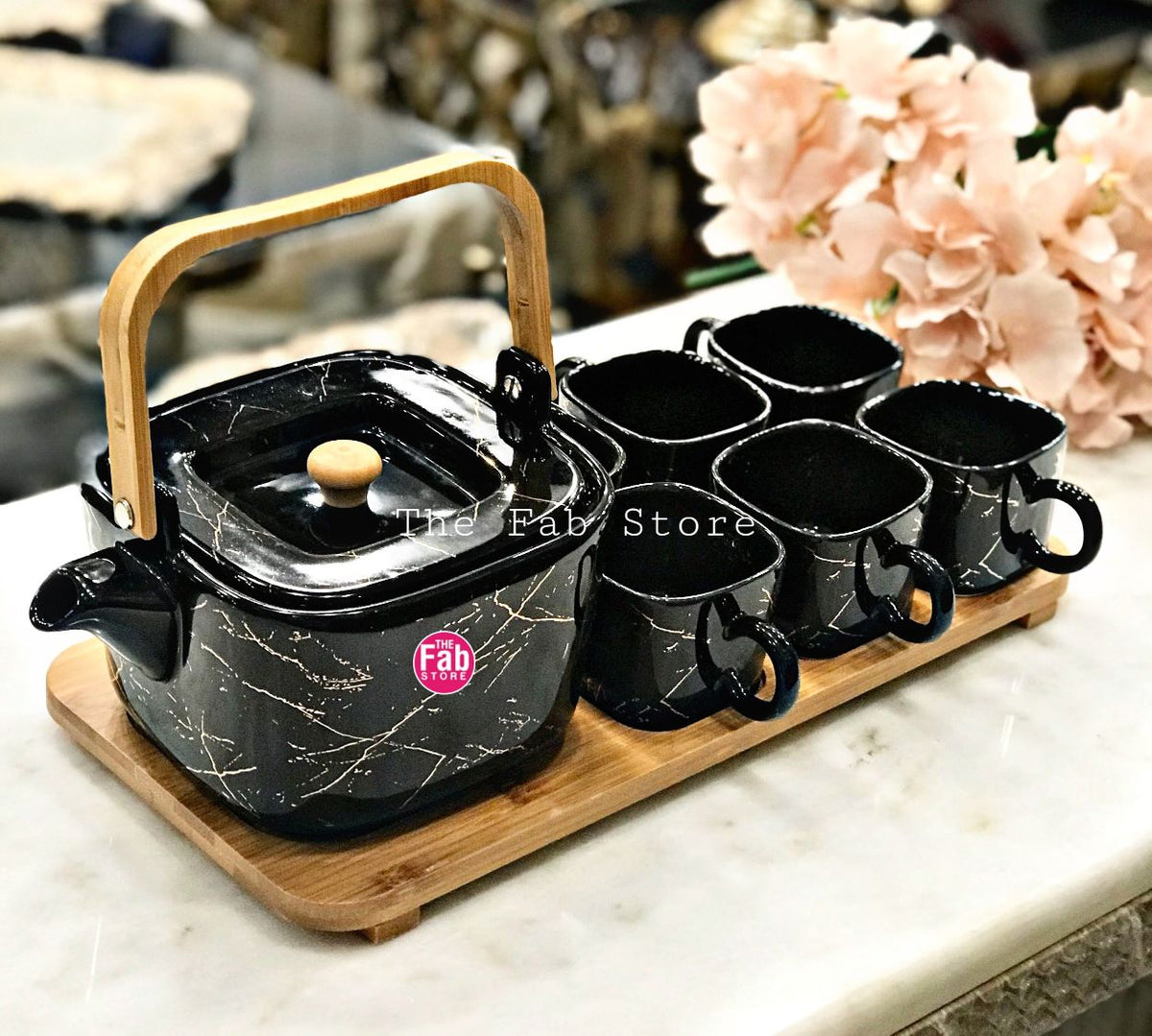 Marble tea set with wooden serving tray – The Fab Store