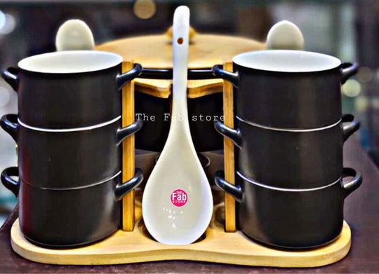 Black soup set with wooden stand – The Fab Store